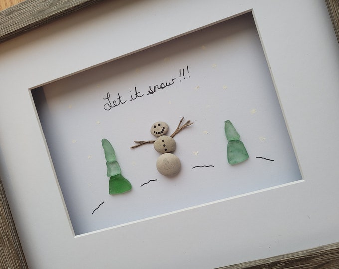 Let It Snow, Pebble Snowman, Pebble Art, Winter Scene , Framed or ...
