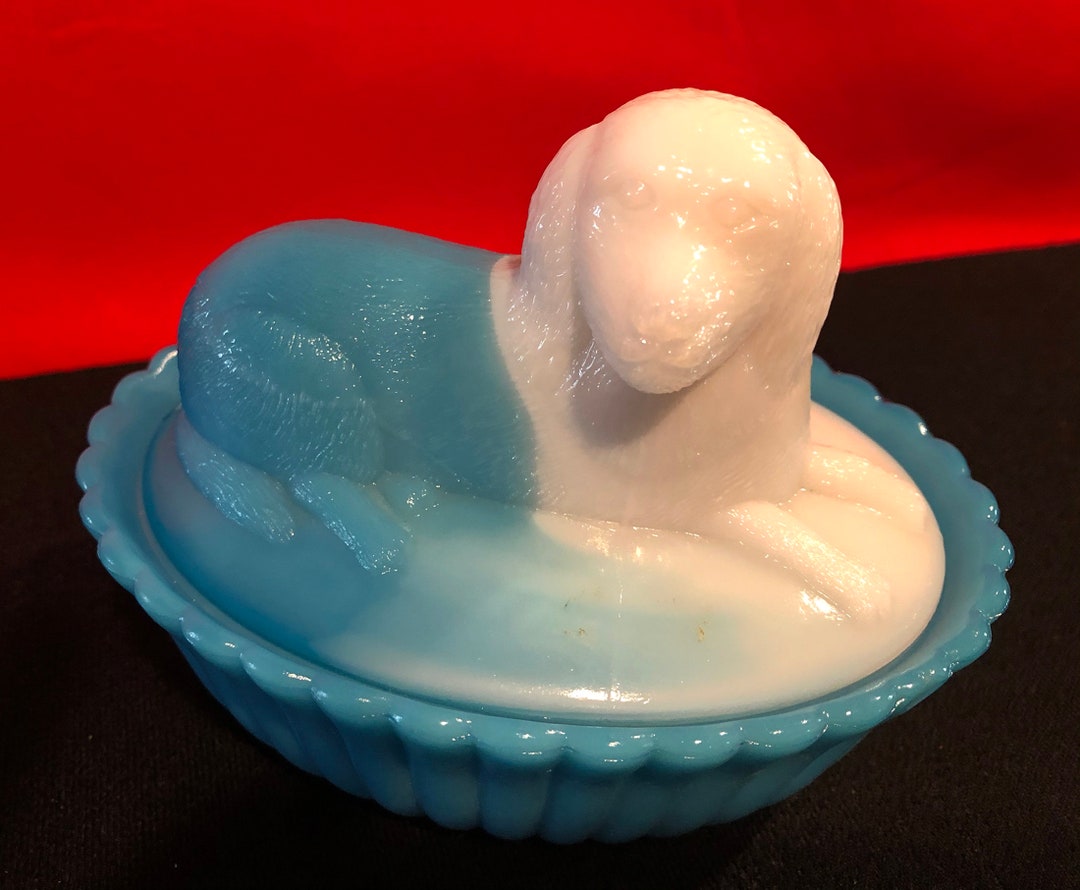 Vintage Blue Milk Glass Dog - Etsy