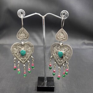 Vintage Turkmani Silver Earrings: Turquoise, Ruby & Emerald Gemstone ...