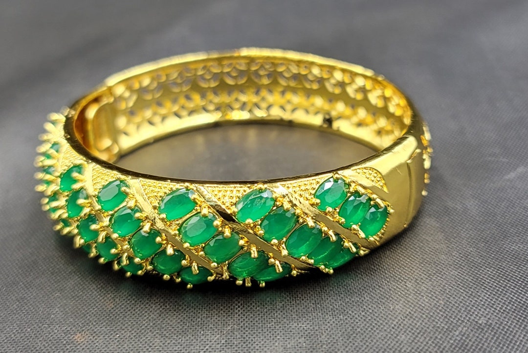 Super Green Emerald Gemstone Gold Over Silver Vintage Bangle Bracelet ...