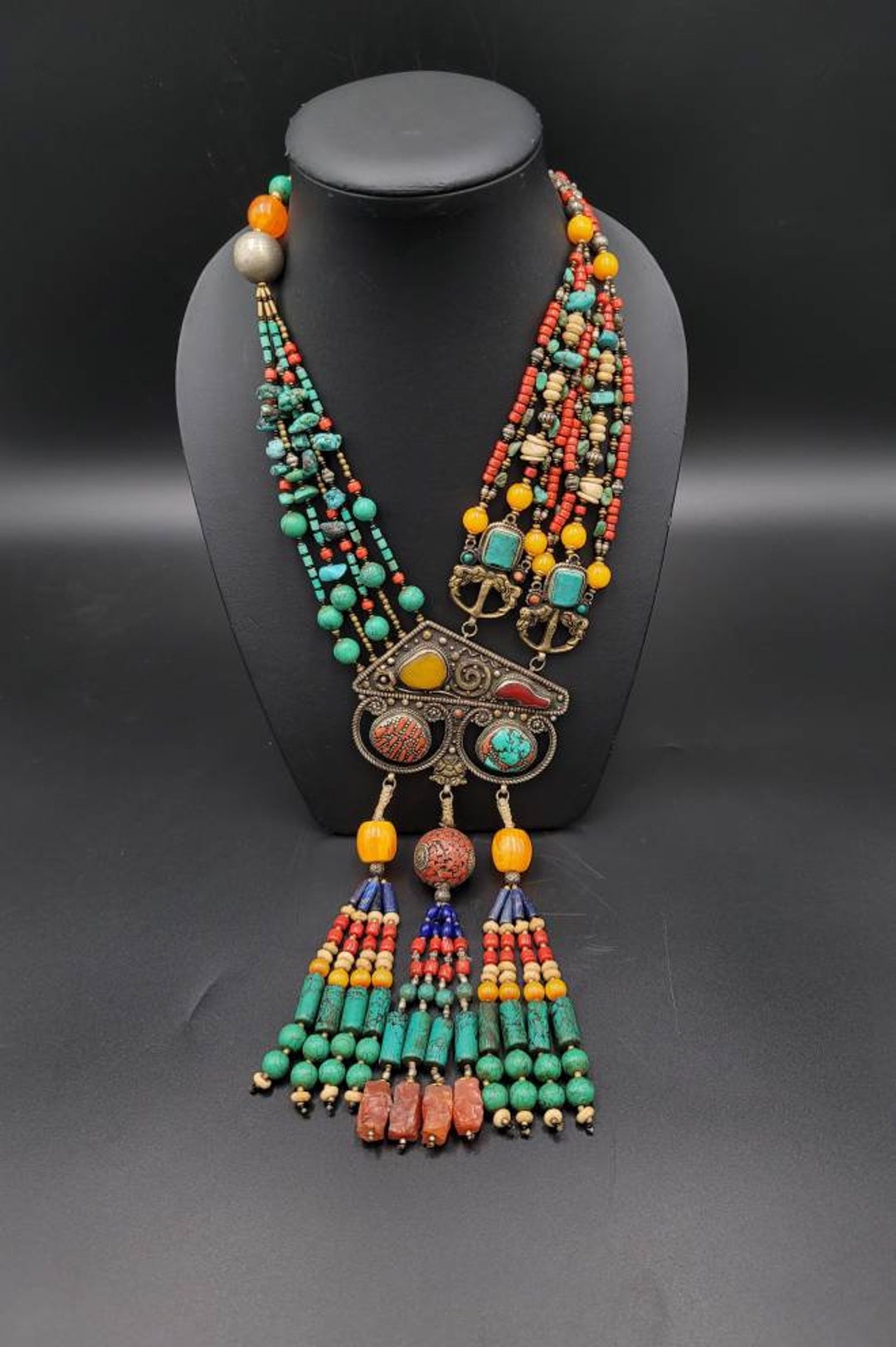 Handmade Tibetan Silver Necklace: Turquoise, Coral & Copal Gemstone ...