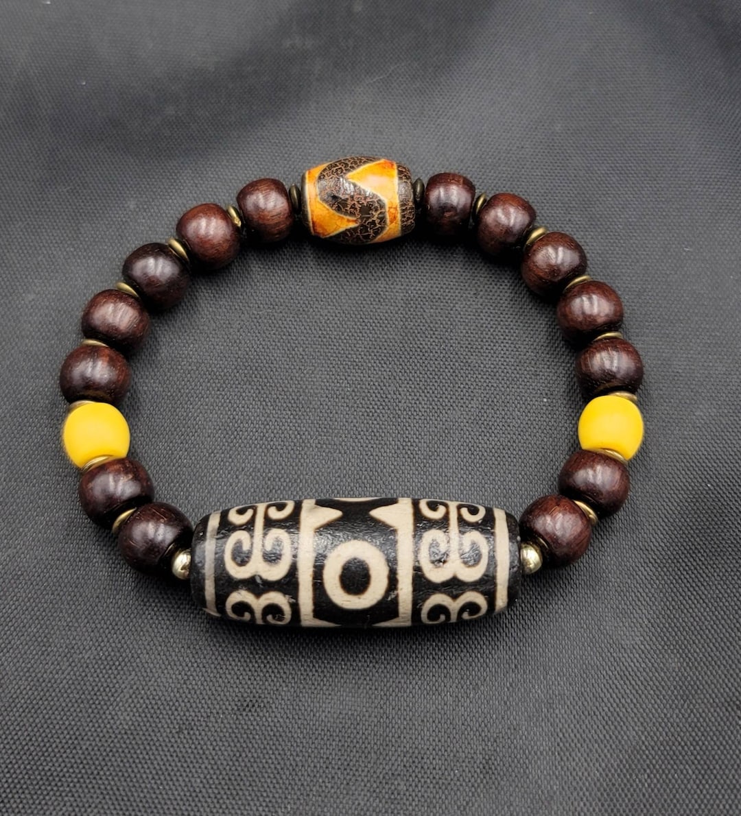 Ancient Old Dzi Tibetan Agate Stone and Brown Wood Beads Baraclet ...