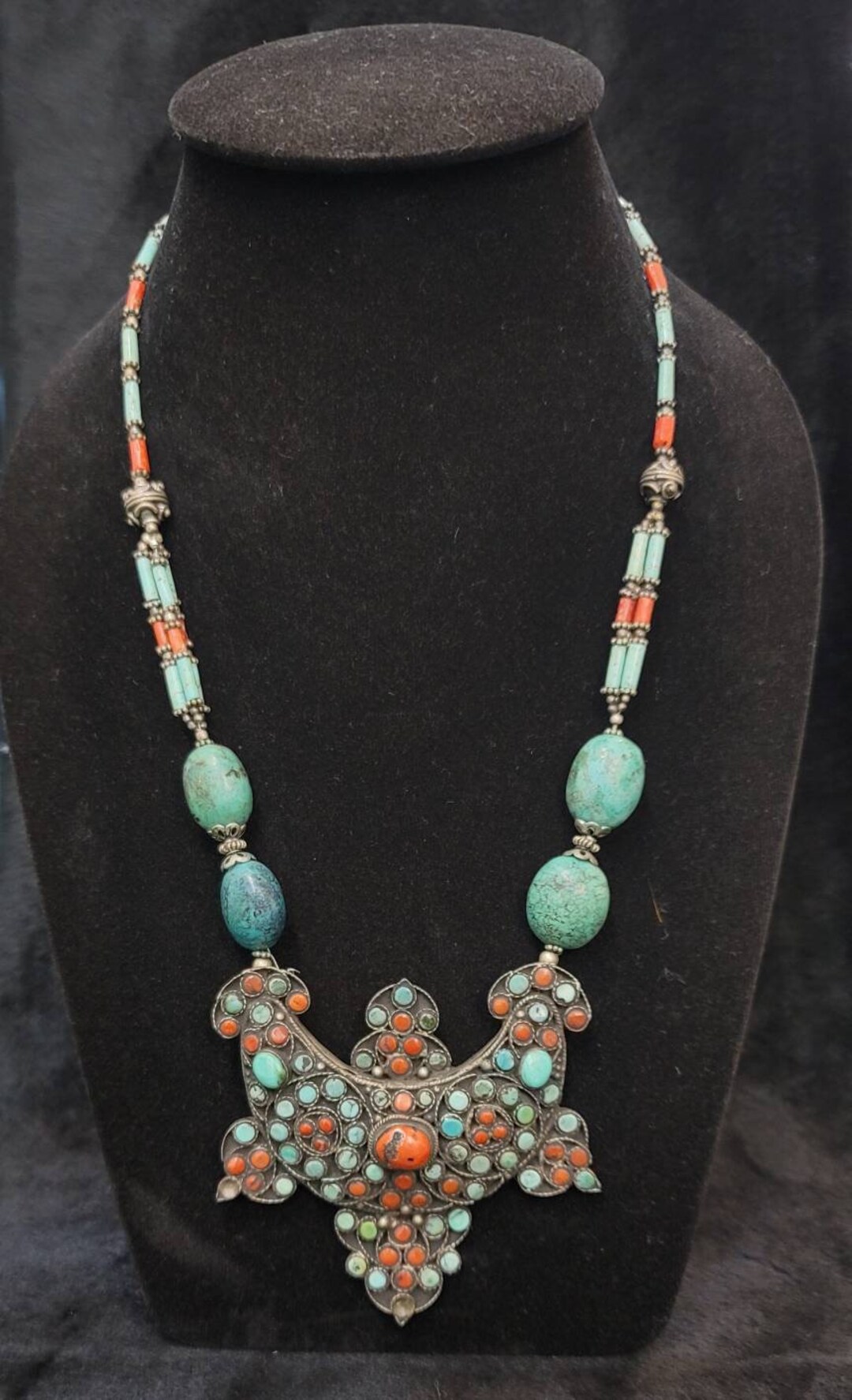 Vintage Native American Turquoise Coral Silver Necklace - Etsy