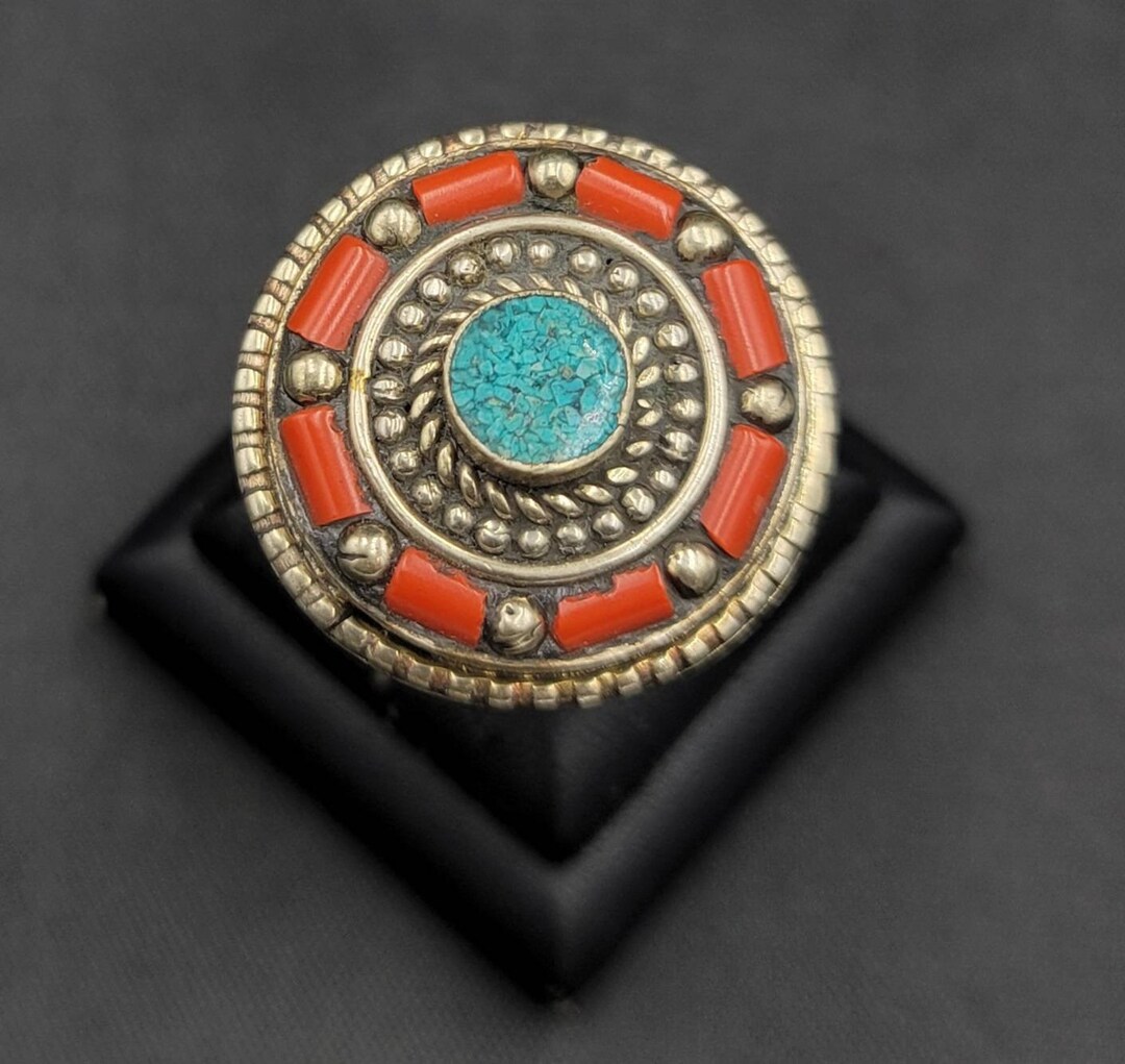 Vintage Nepal Silver Ring: Natural Turquoise and Coral, Size 9 - Etsy