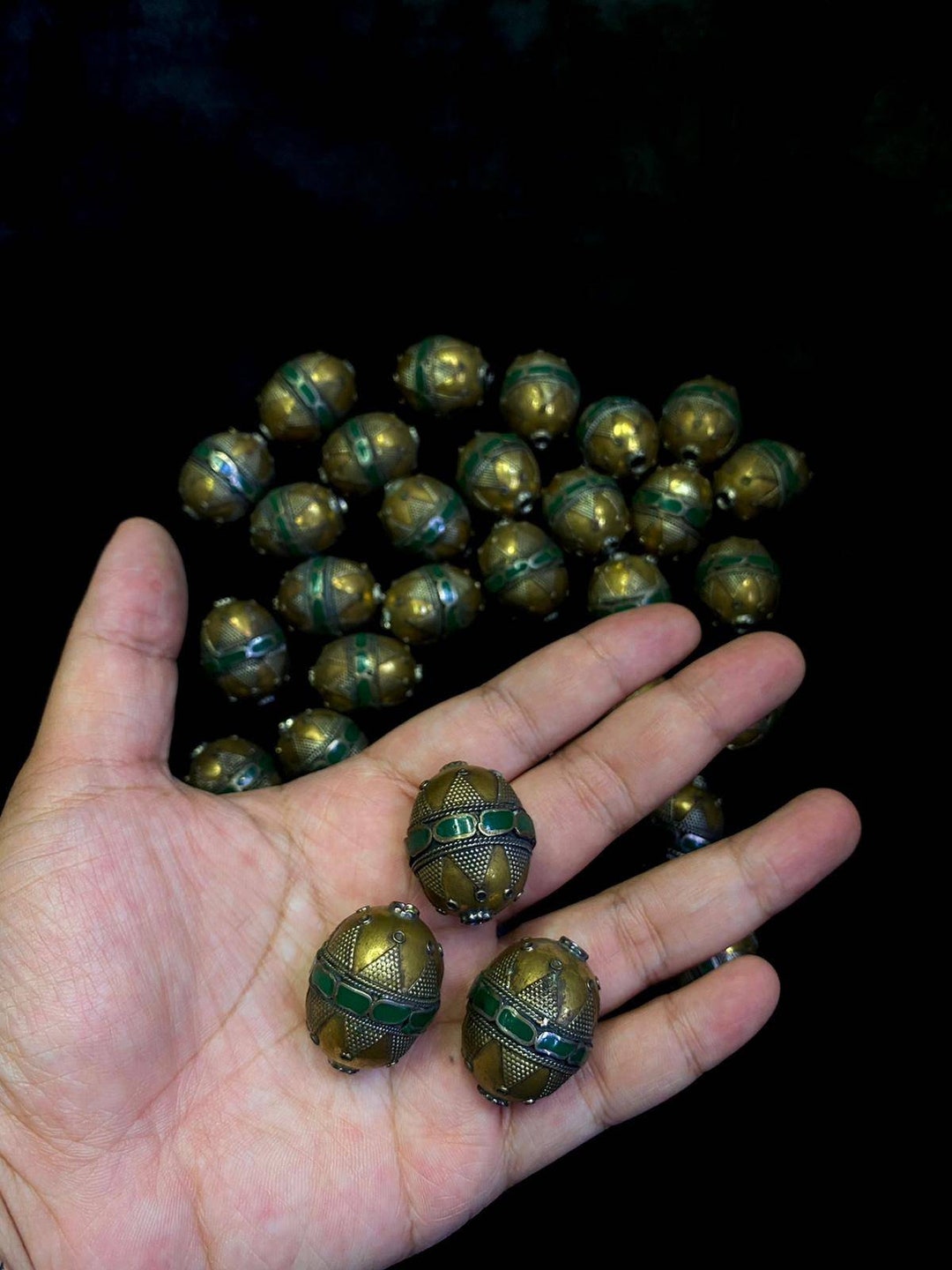 Vintage Turkmani Silver Gold Bead: Green Agate Afghan Bead (28mm) - Etsy