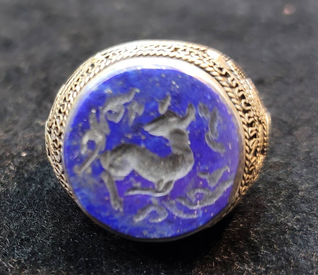 Deer Intaglio Lapis Lazuli Stone Vintage Silver Big Ring - Etsy
