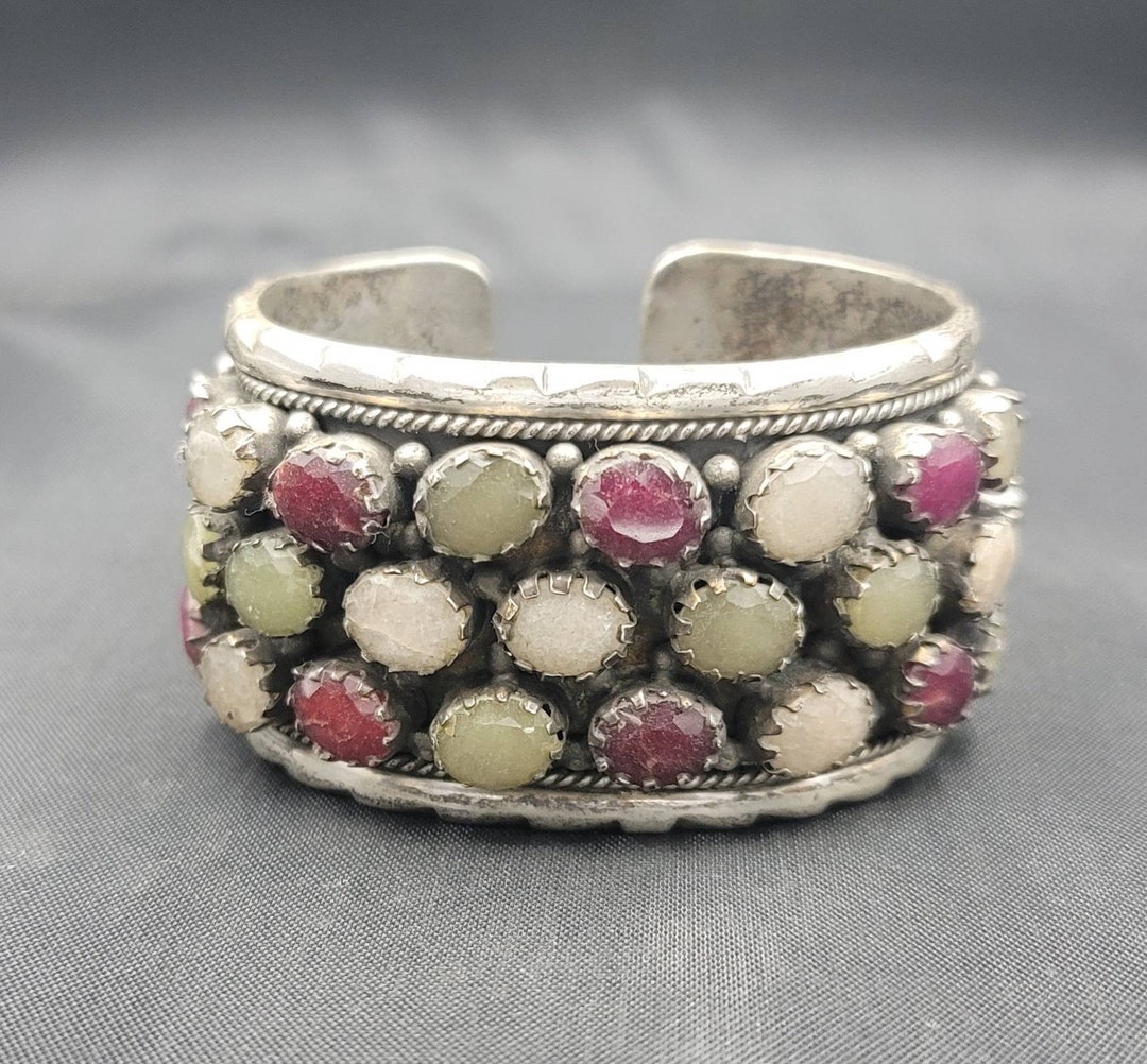 Handmade Vintage Silver Bangle: Ruby and Jade Gemstone - Etsy UK
