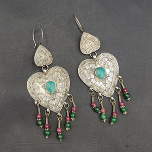 Vintage Turkmani Silver Earrings: Turquoise, Ruby & Emerald Gemstone ...