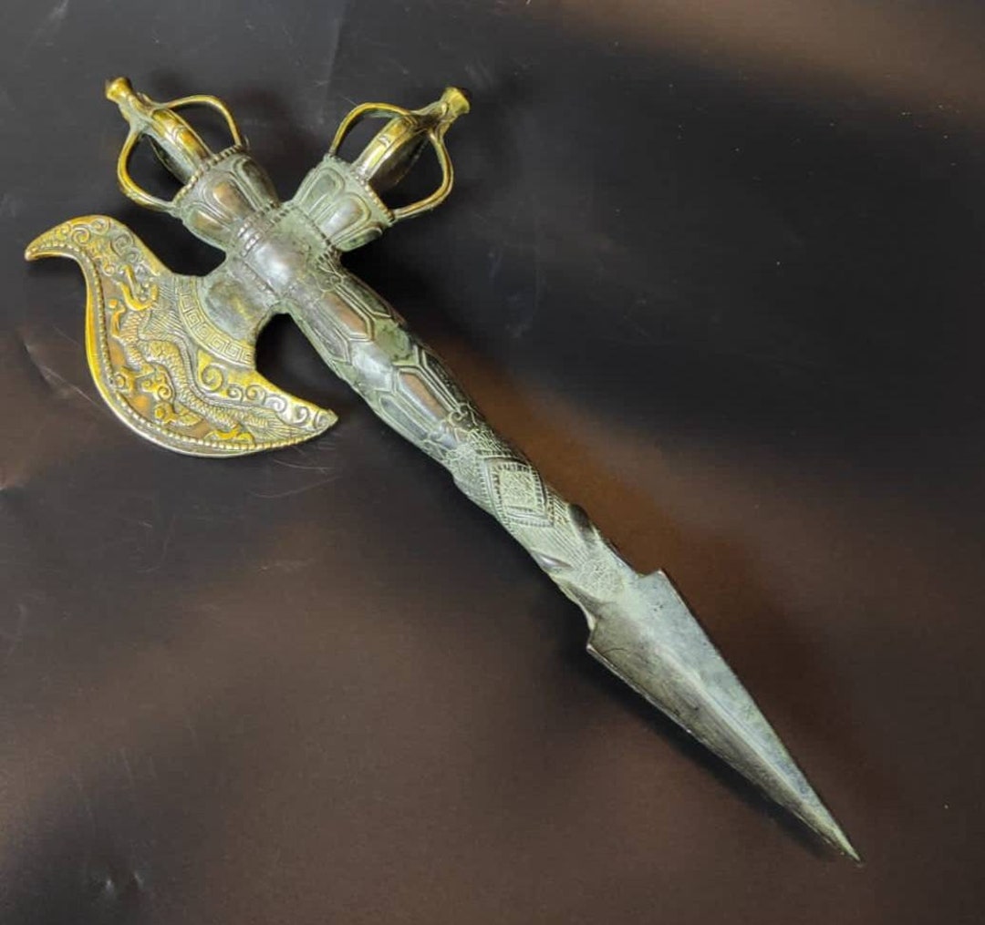 Early 1700 Century AD Tibeten Unique Bronze Gold Gulding Axe Dagger Art ...