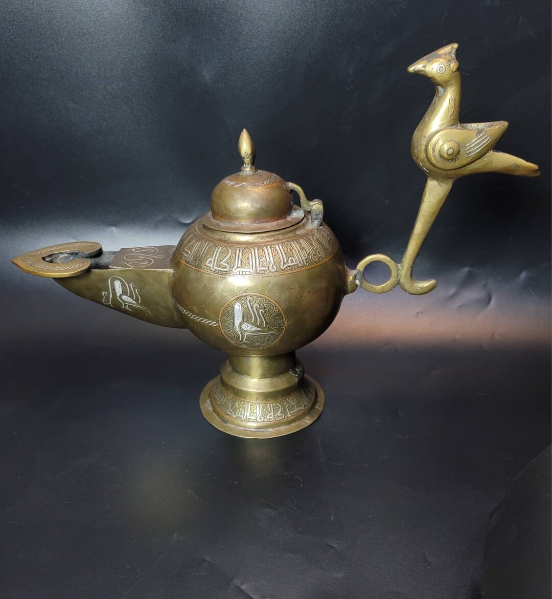 Islamic Antique Bronze Silver Inlaid Carved Unique Aladin Lamp With ...
