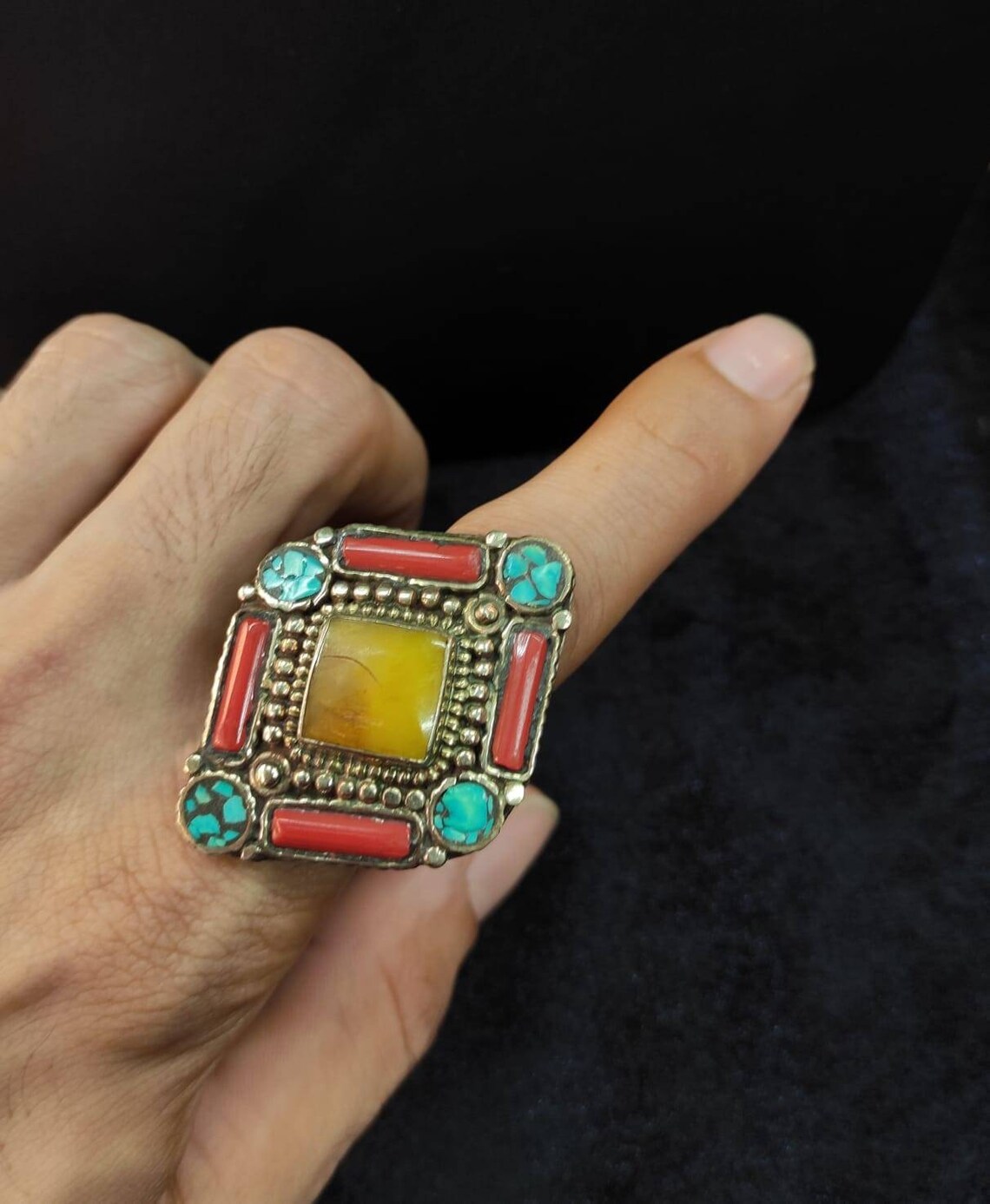 Handmade Tibetan Alpaka Silver Ring: Turquoise, Coral & Copal Gemstone ...