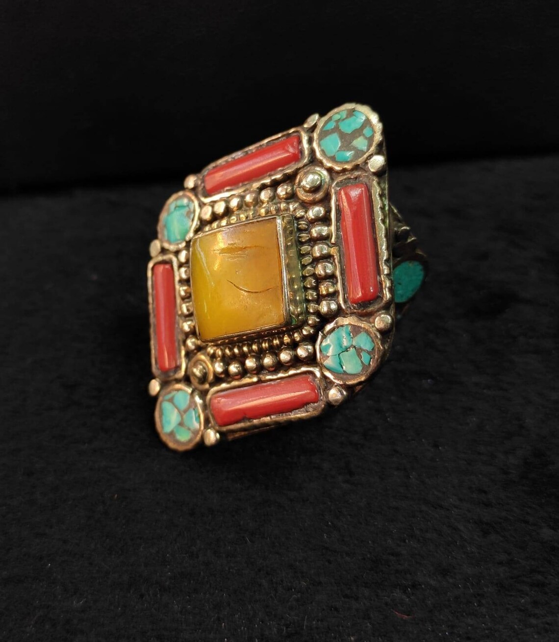 Handmade Tibetan Alpaka Silver Ring: Turquoise, Coral & Copal Gemstone ...