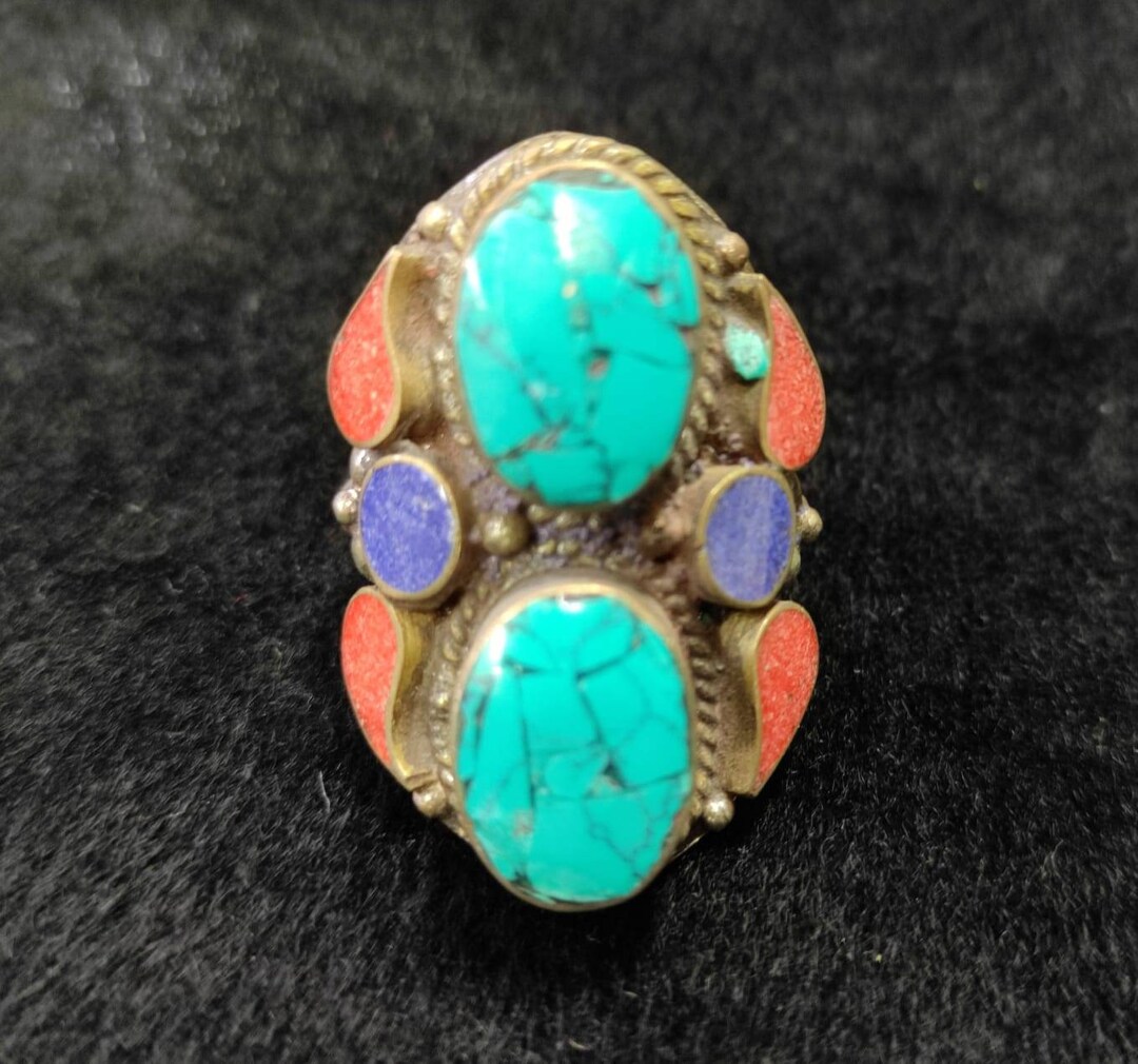 Vintage Alpaka Silver Ring With Turquoise Coral and Lapis Lazuli Stone ...