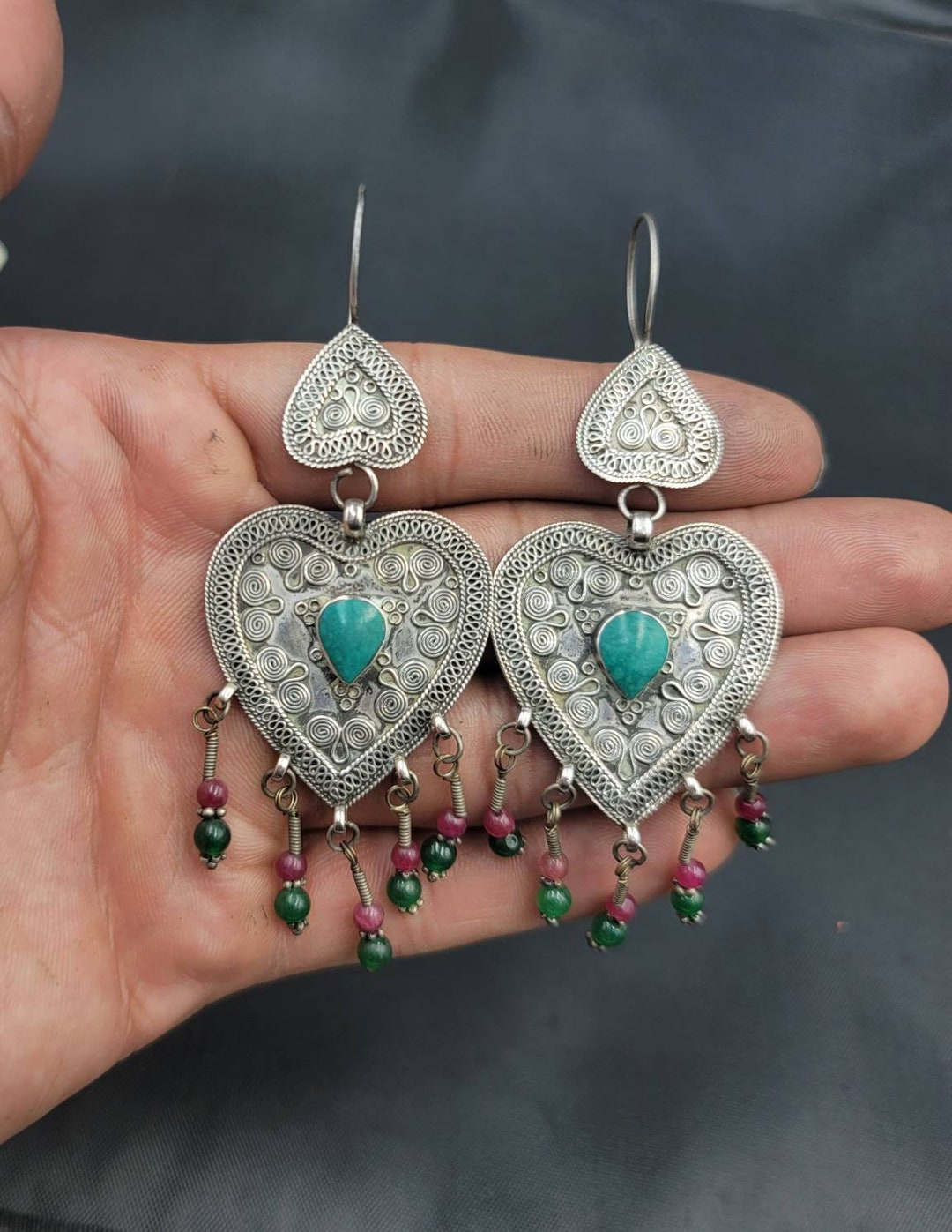 Vintage Turkmani Silver Earrings: Turquoise, Ruby & Emerald Gemstone ...