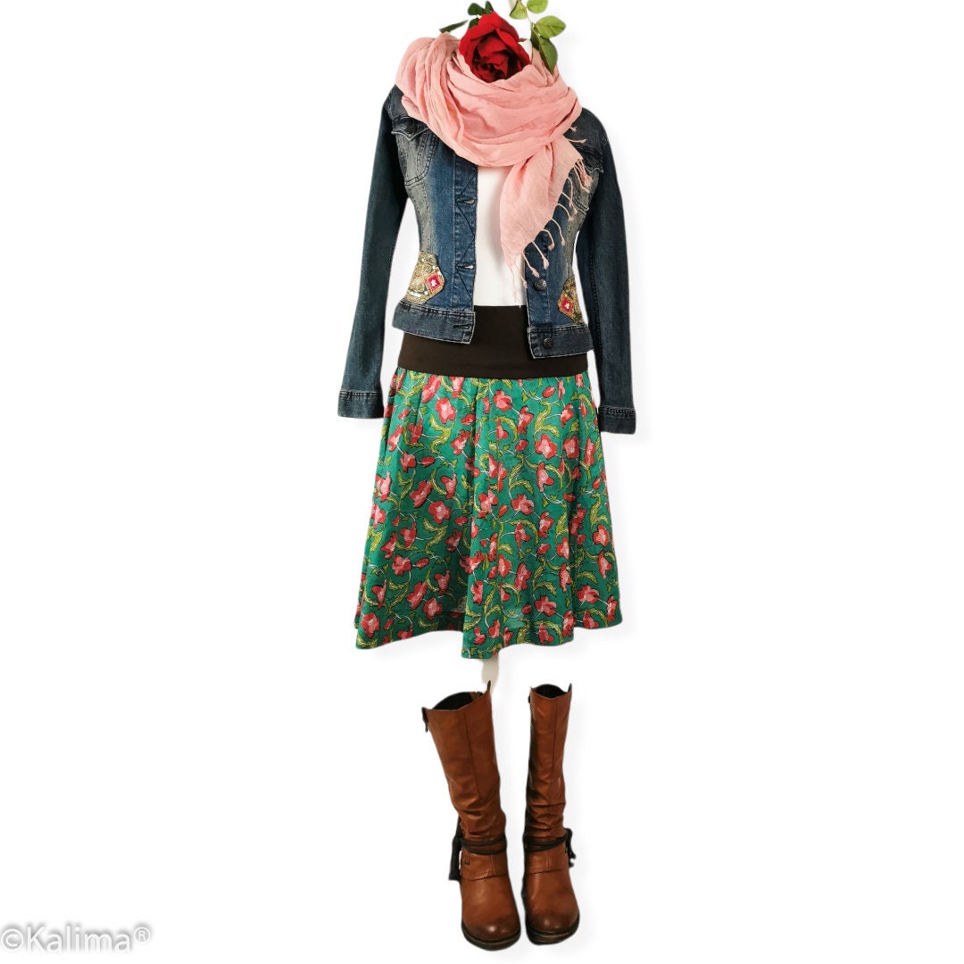 Kalima Bahnen Rock Mohn, Hand bedruckter Stoff, Türkis mit Mohnblüten ...