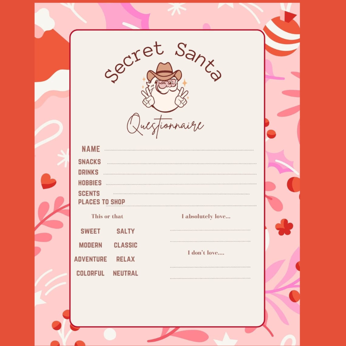 Christmas Secret Santa Questionnaire Template Gift Exchange Form ...