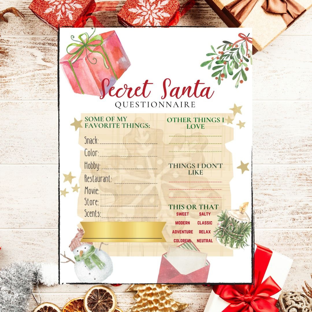 Christmas Secret Santa Questionnaire Template Gift Exchange Form ...