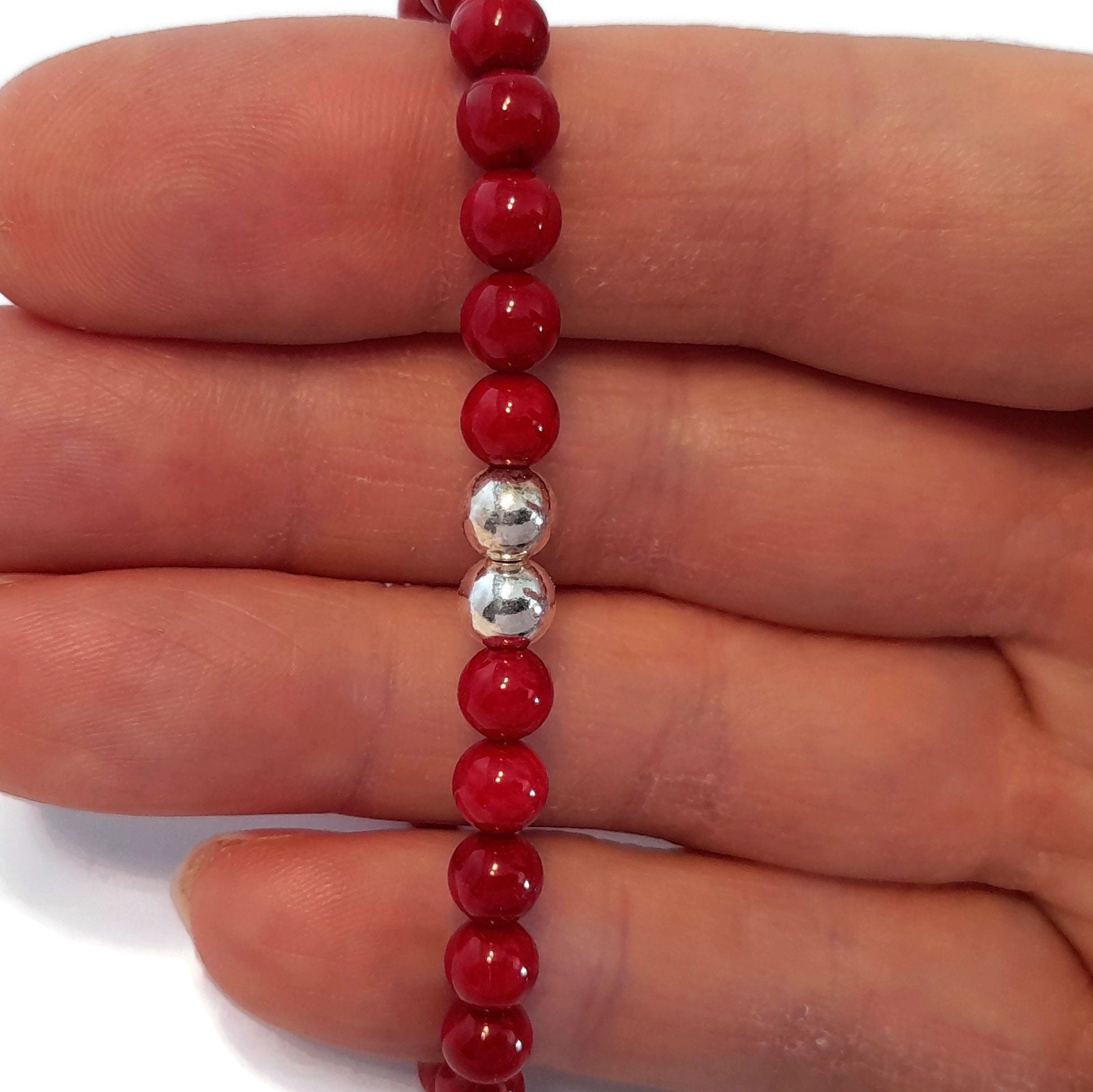 Red Coral Bracelet Sterling Silver, 6mm Coral and Silver Balls, Natural ...