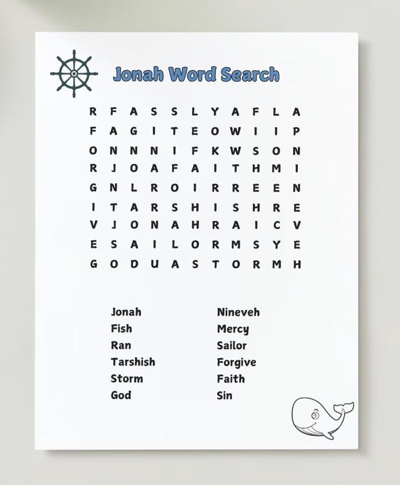 Jonah and the Whale Word Search Printable - Bible Story Activity for ...