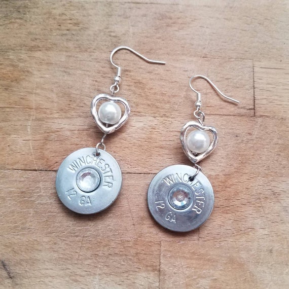 Shotgun Shell Earrings With Heart and Pearls Gift for Her Etsy