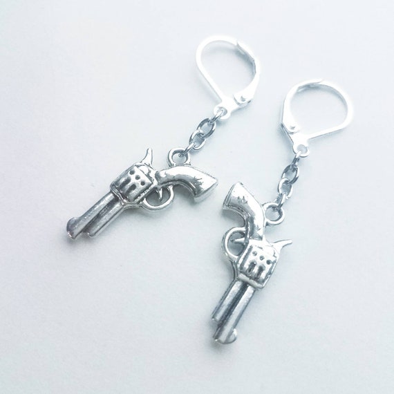 Pistol Gun Charms and Dangly Chains earrings Gift for Her | Etsy