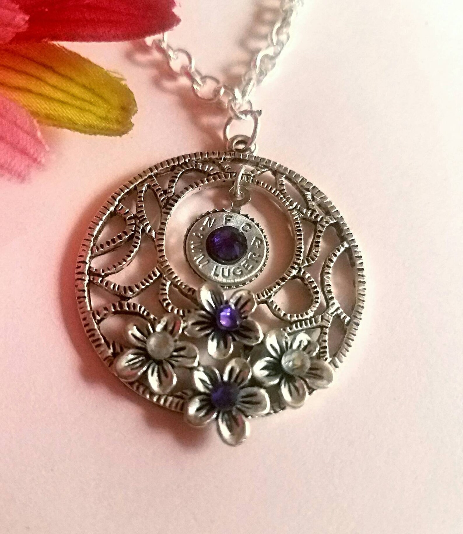 Bullet Necklace Floral Steel Bullet Charm on a Floral - Etsy