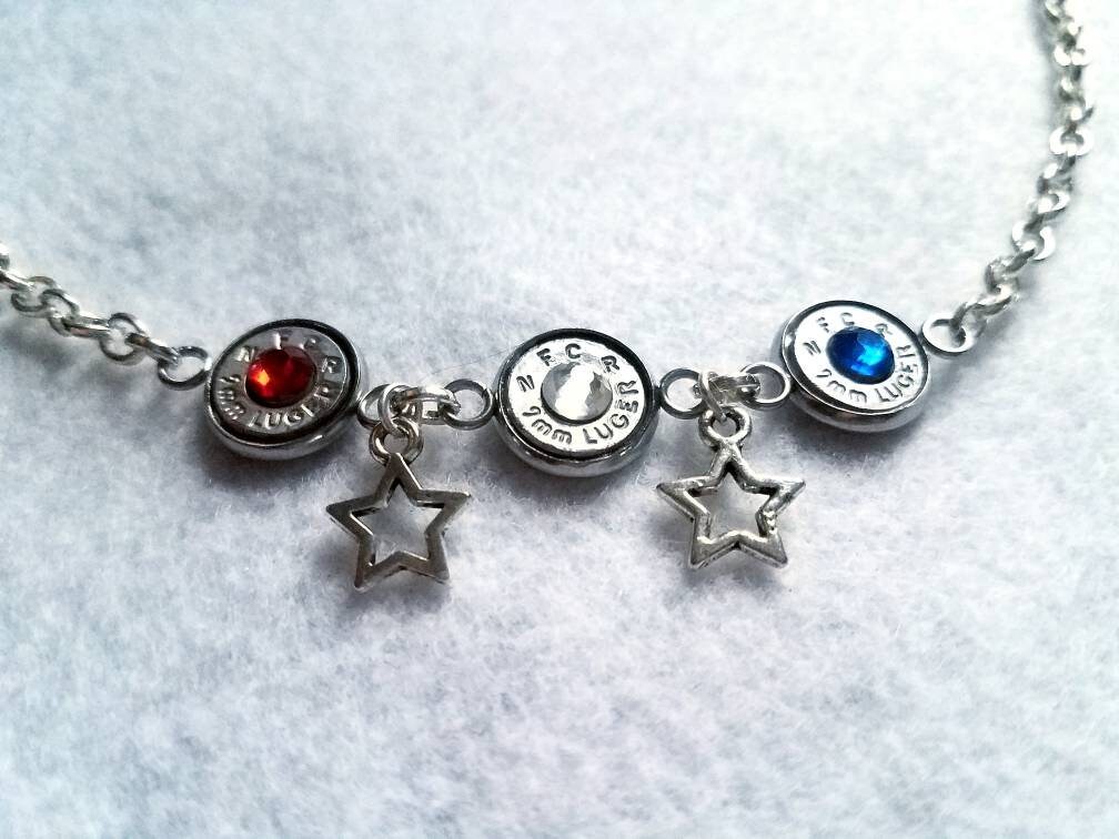 Patriotic 9mm bullet necklace with stars | Etsy
