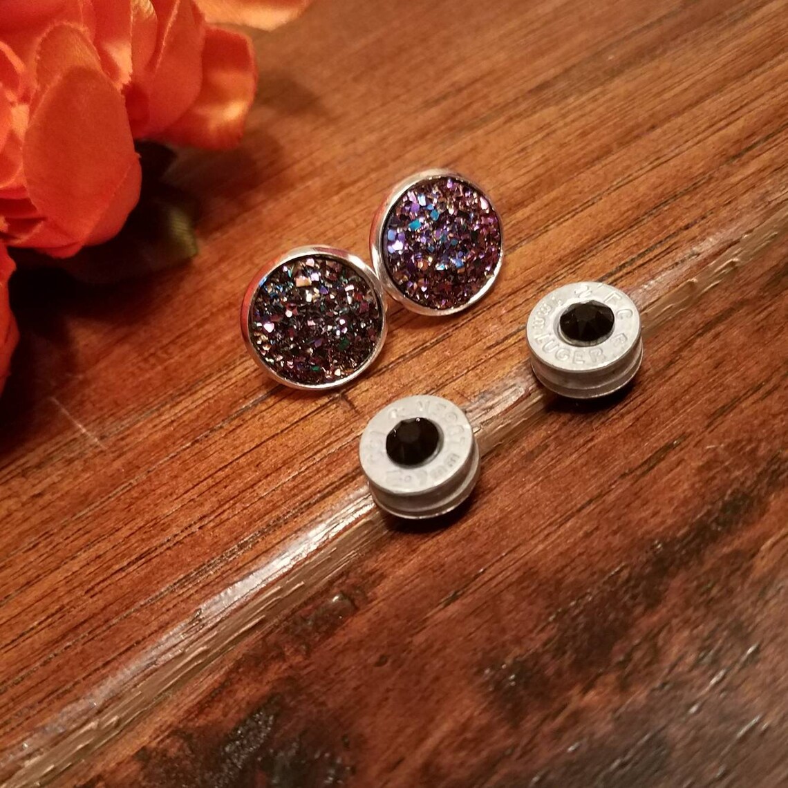 Bullet Earring Stud Gift Pack Set 9mm With Black/purple Druzy - Etsy