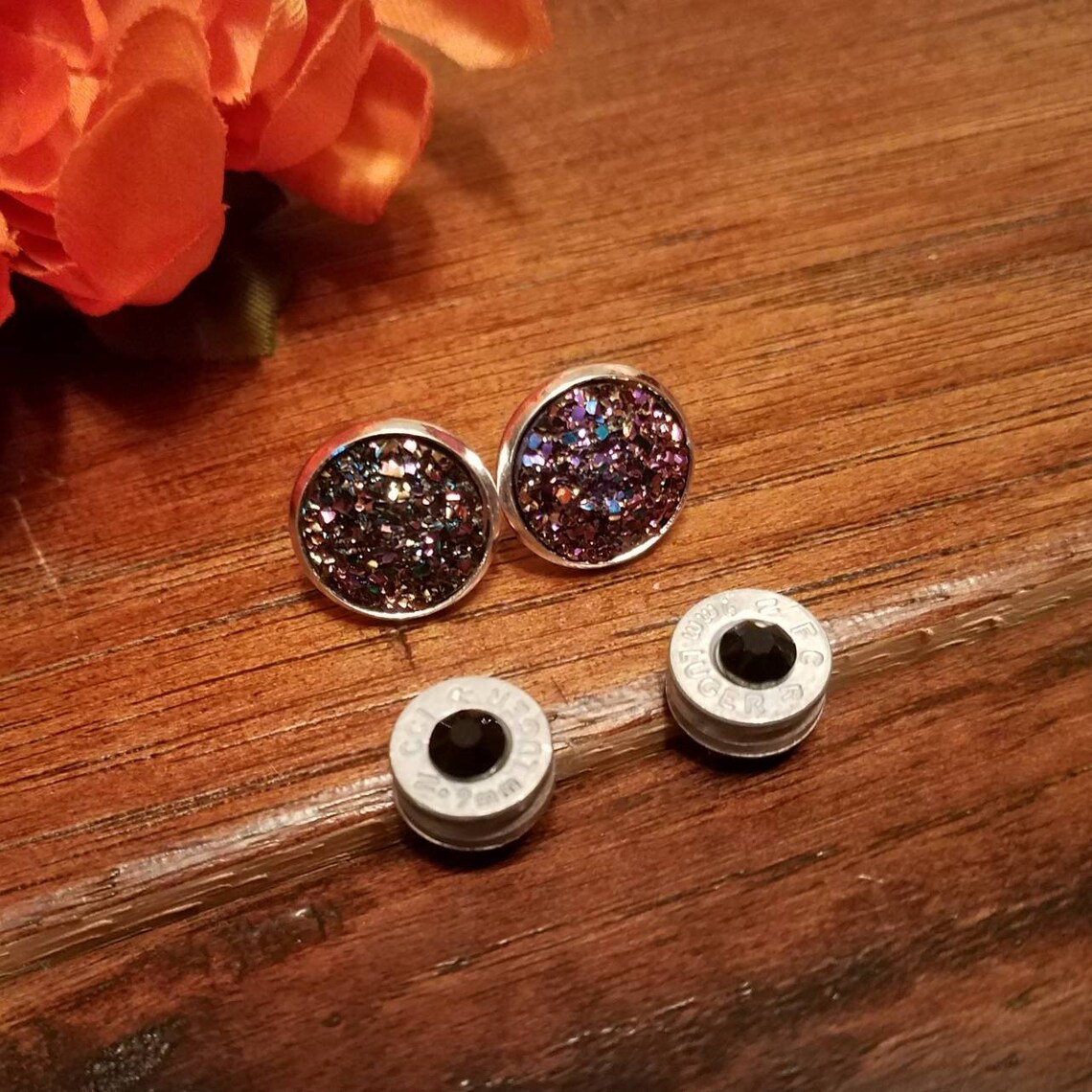 Bullet Earring Stud Gift Pack Set 9mm With Black/purple Druzy - Etsy