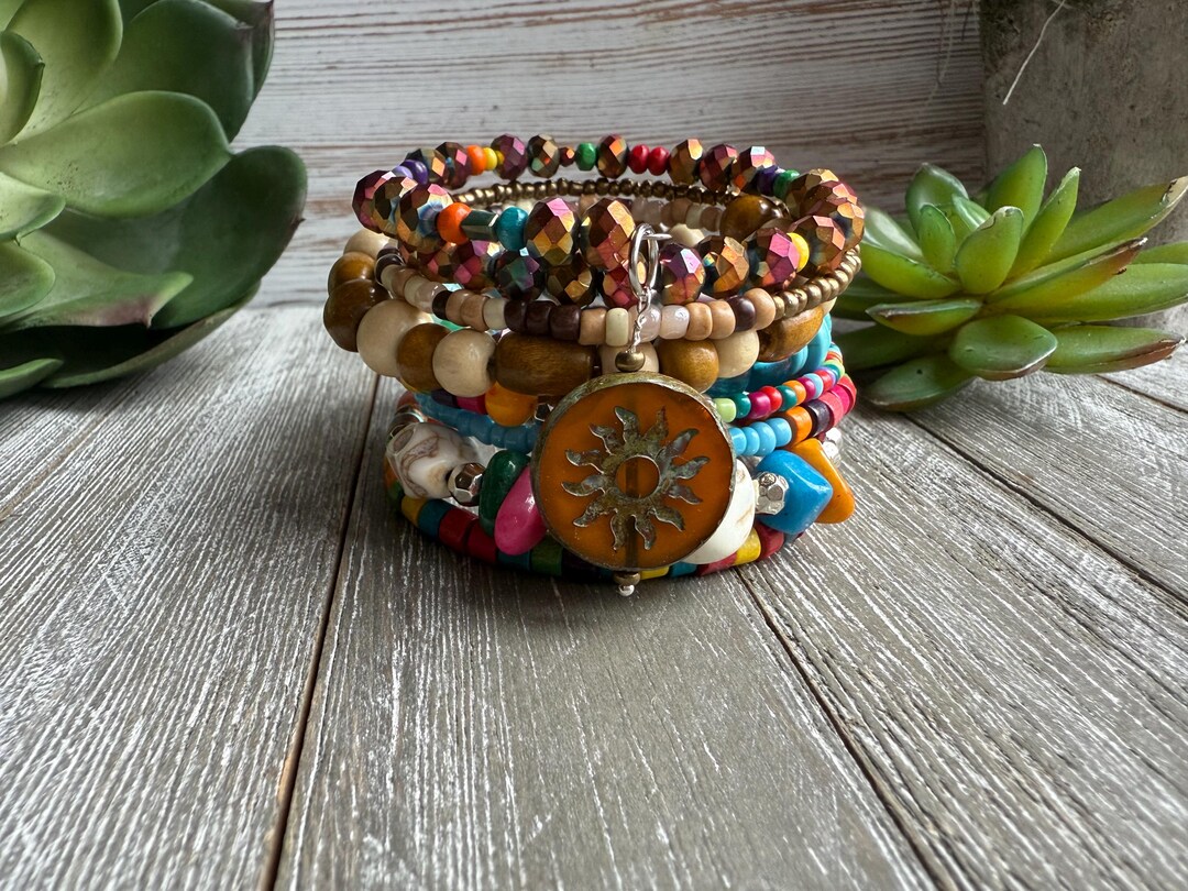 9 Coil Memory Wire Czech Aztec Fiesta Cinco De Mayo Colorful Peace ...