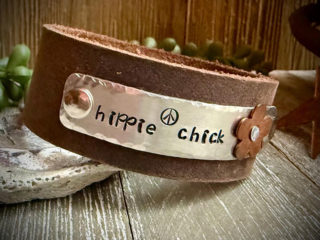 Hippie Chick Boho Hippie Peace 70’s Stackable One Inch Leather Cuff - Etsy