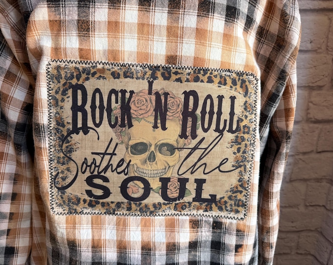 Rock and Roll Soothes the Soul Design Upcycled Bleached Flannel Long ...