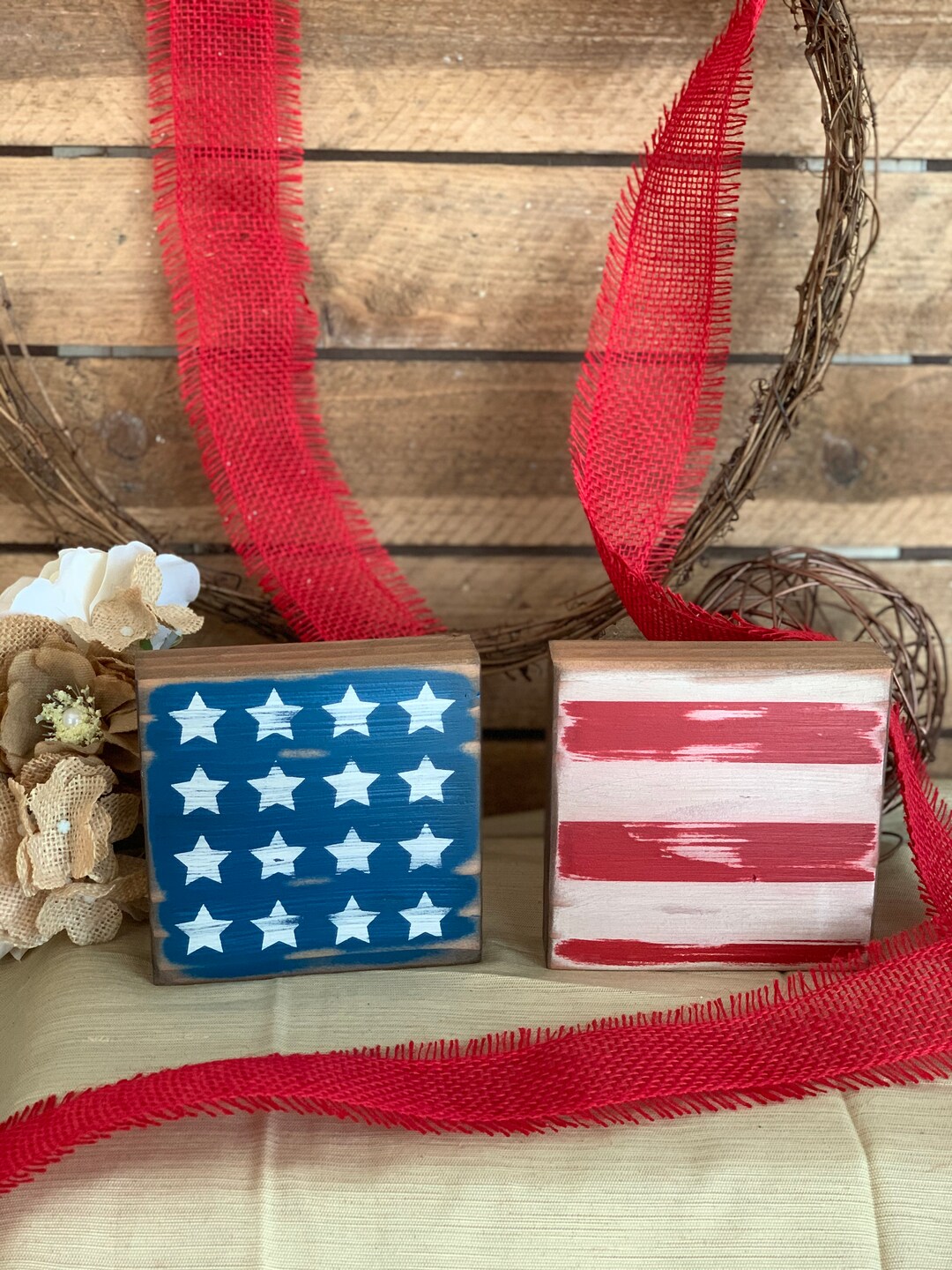 Primitive American Flag Wooden Block Set: Patriotic Decor - Etsy