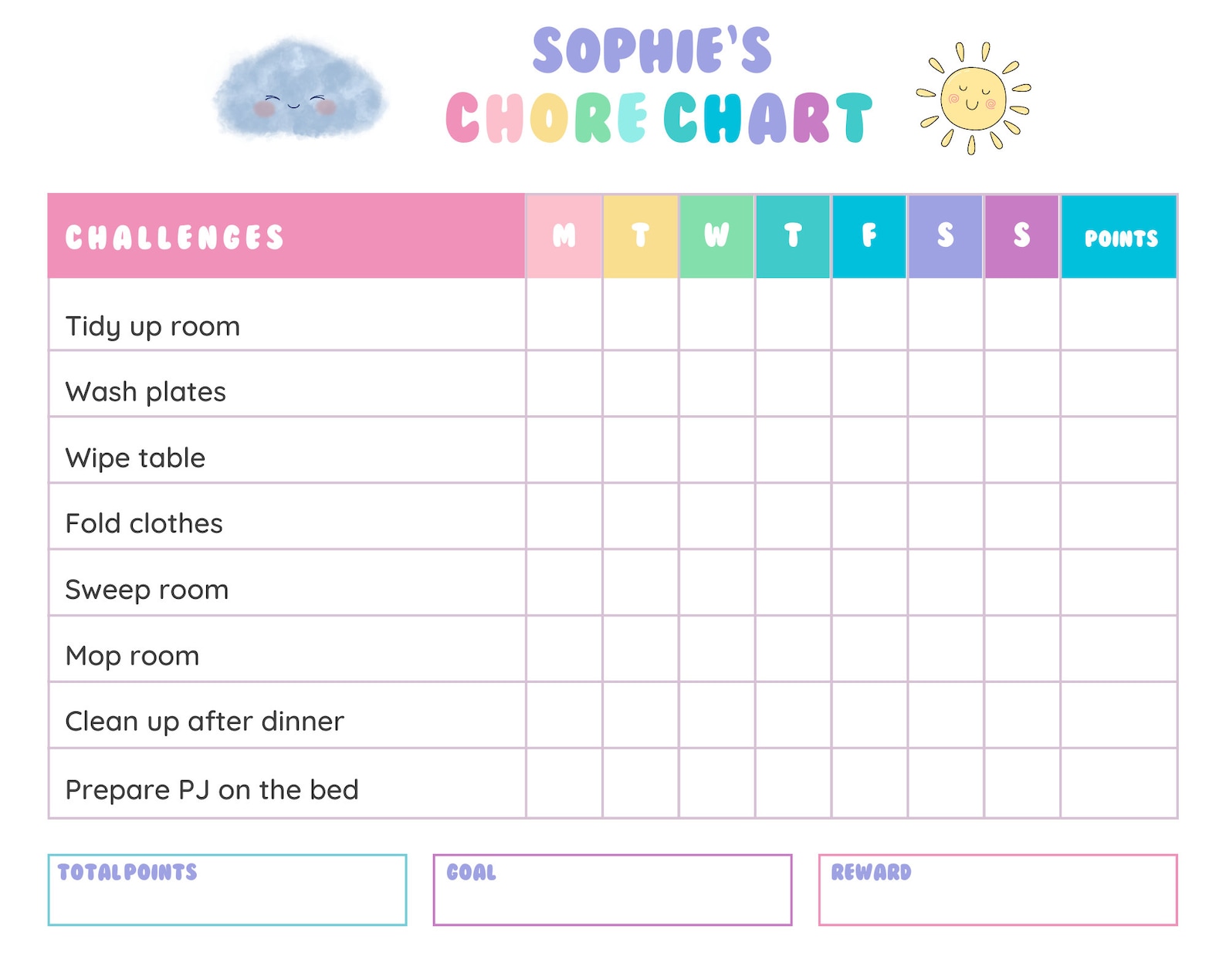 Chore Chart for Kids Printable Weekly Chore Chart for - Etsy
