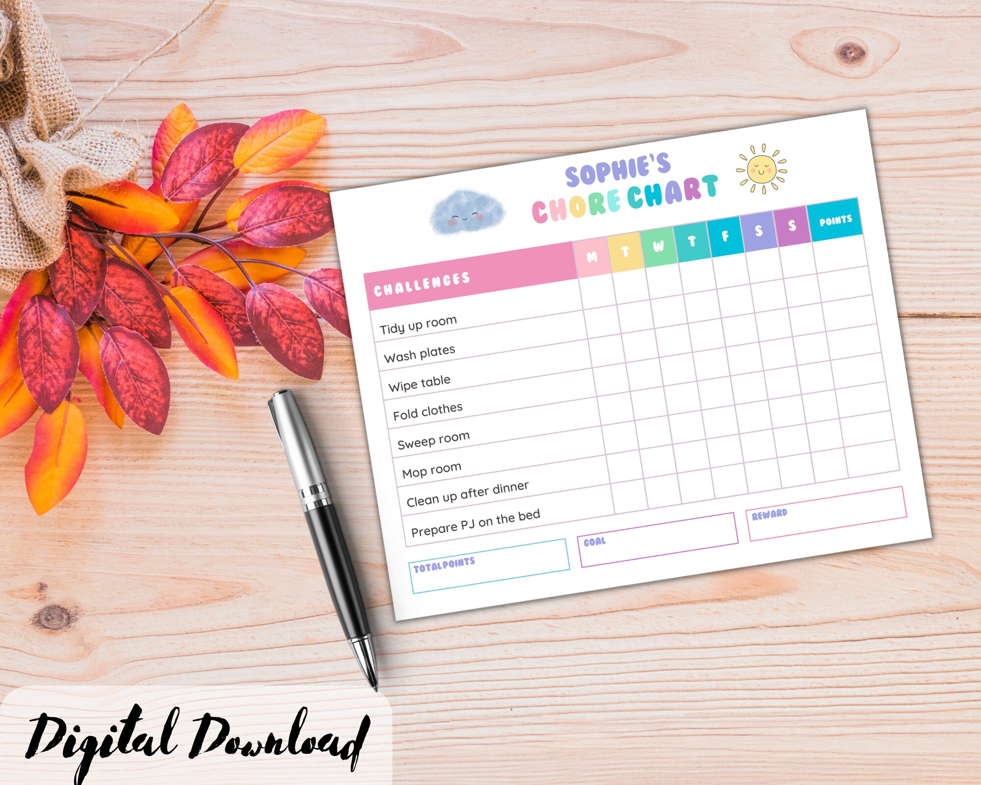 Chore Chart for Kids Printable Weekly Chore Chart for Children, Kids ...