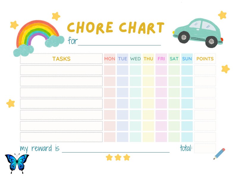 Chore Chart for Kids Printable Weekly Chore Chart for Children, Kids ...