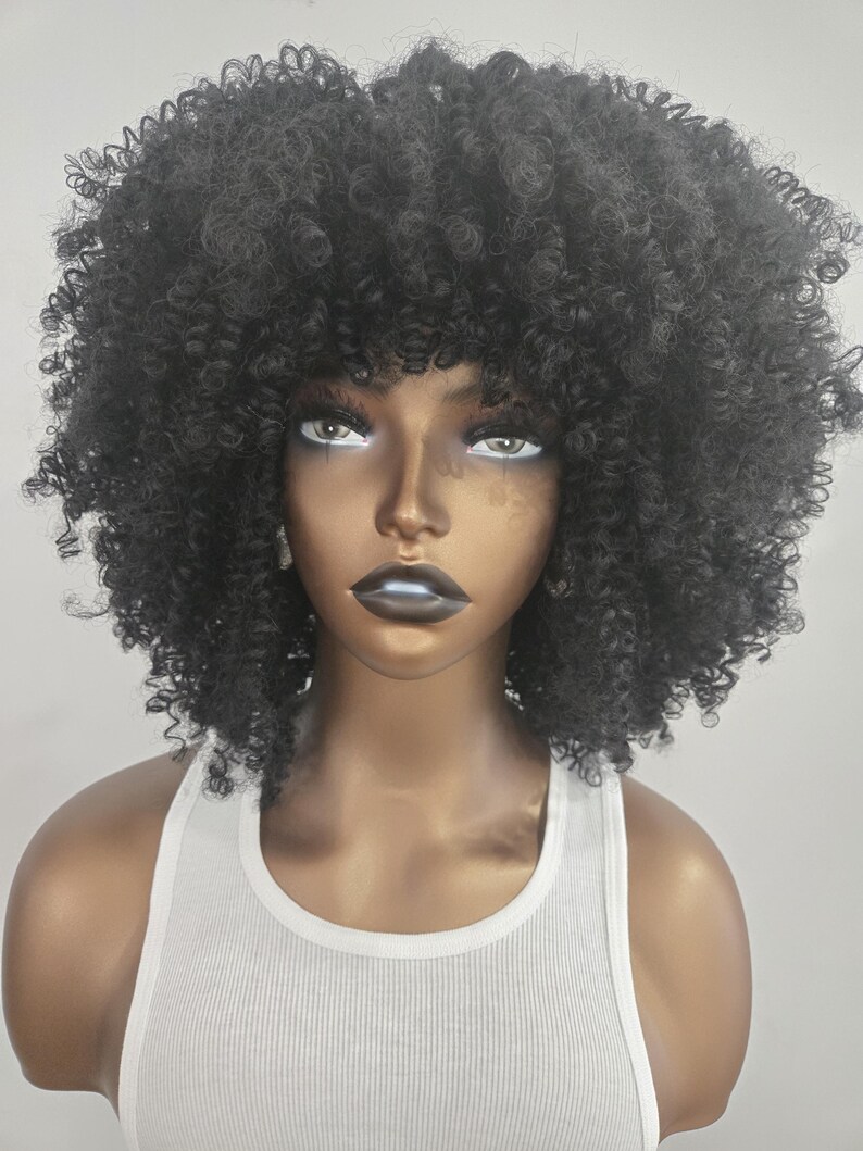 Black Afro Spiral Curly Wig With Bangs: Voluminous Synthetic Hair - Etsy