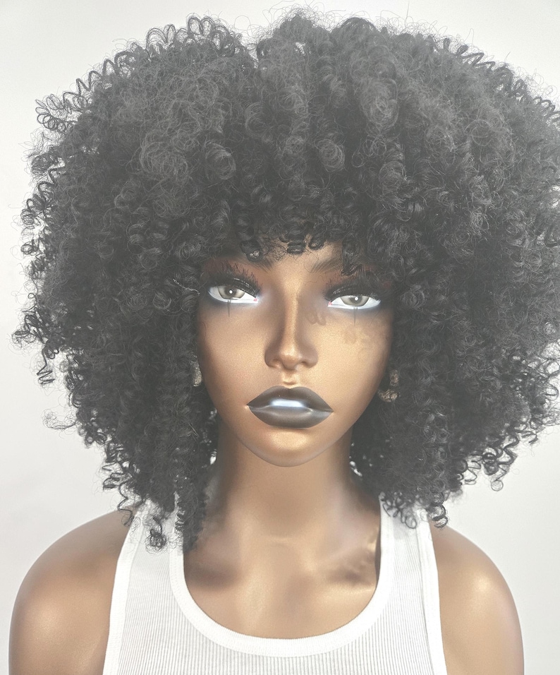 Black Afro Spiral Curly Wig With Bangs: Voluminous Synthetic Hair - Etsy