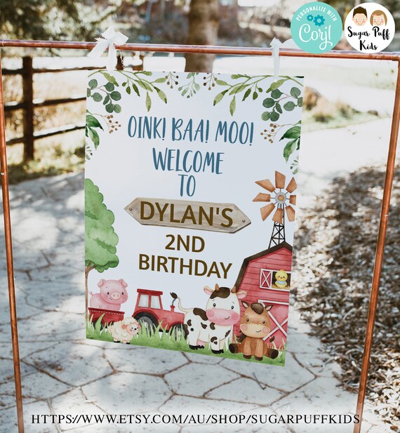 Editable Boys Farm Birthday Welcome Sign, Printable Red Barn Welcome ...