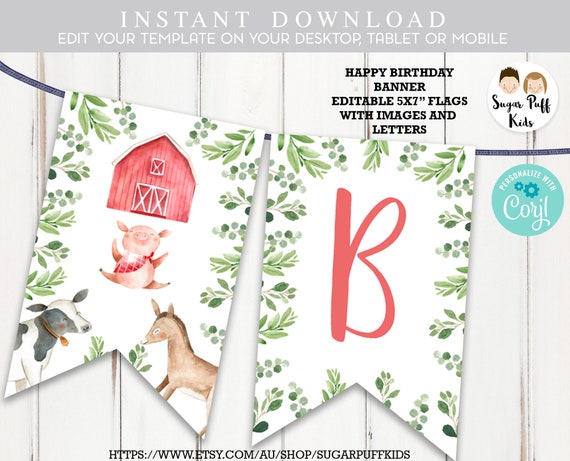 Farm Themed Birthday Banner, FarmyardHappy Birthday Banner, Printable ...