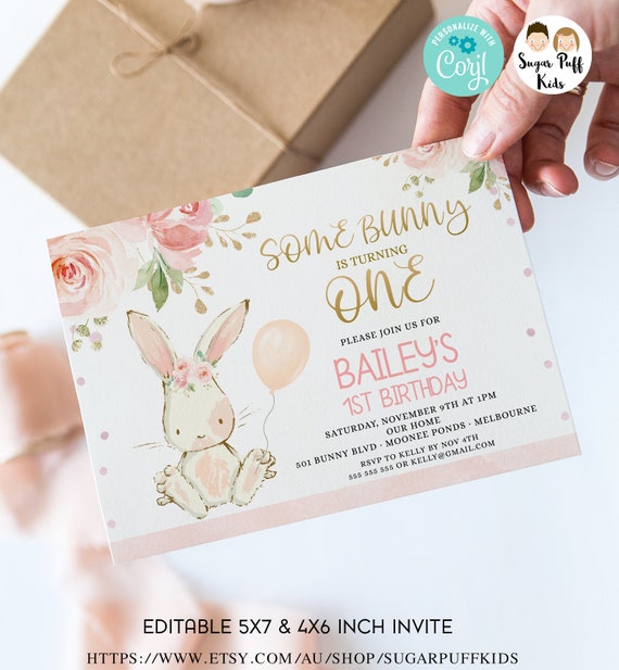 Printable Girls Pink Floral Bunny First Birthday Invitation, Editable ...