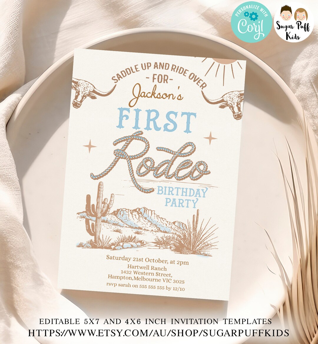 Editable Vintage First Rodeo 1st Birthday Invitation Boy, Wild West ...