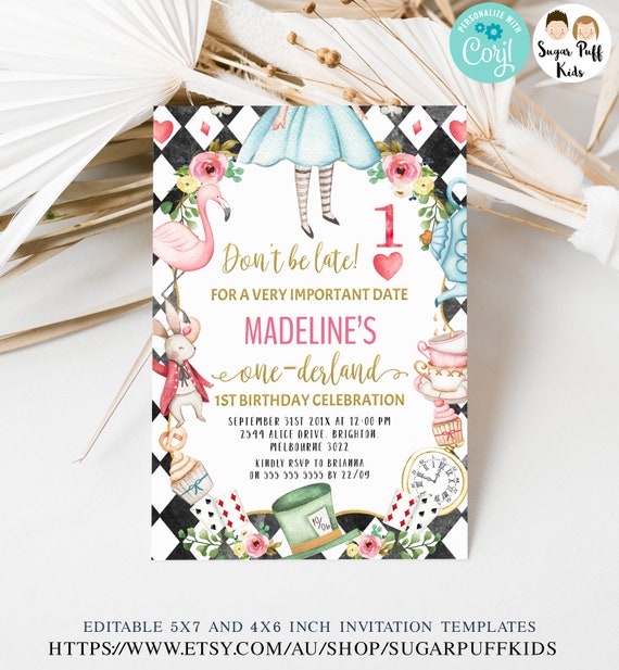 Editable Alice Onederland First Birthday Invite, Printable Alice One ...