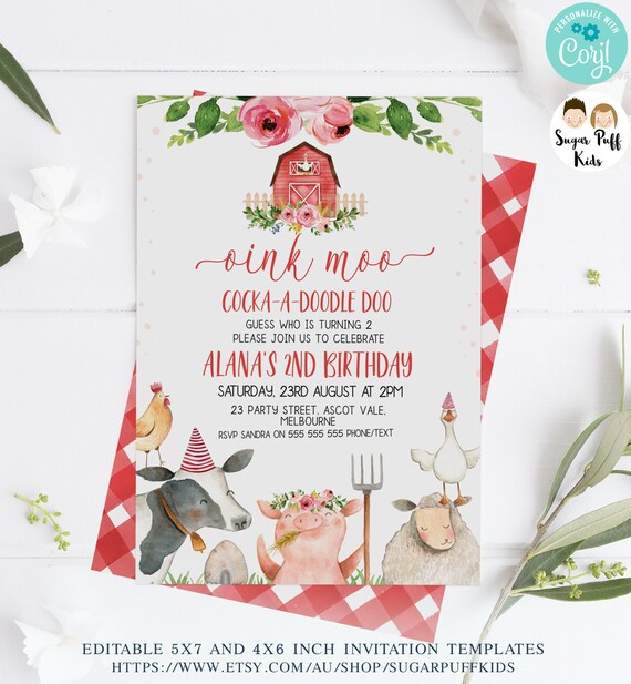 Printable Red Farmyard Birthday Invitation, Editable Red Barn ...