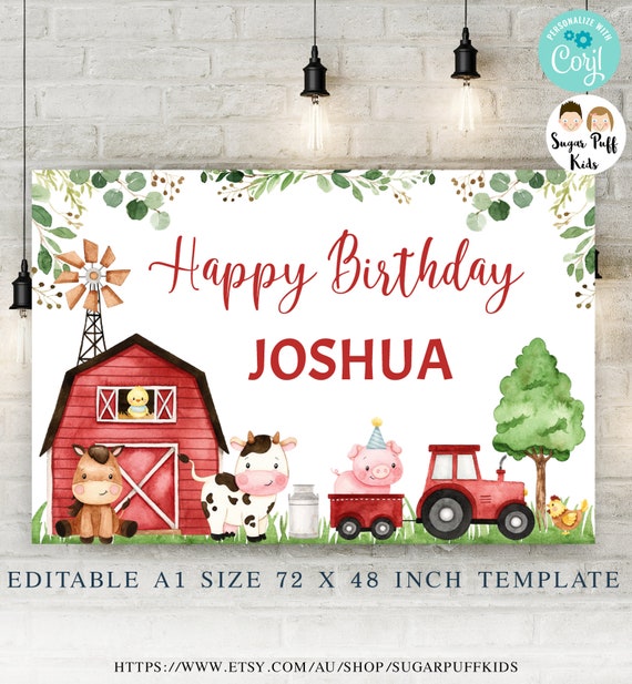 Editable Red Farm backdrop, Printable Farm Themed Happy Birthday Banner ...