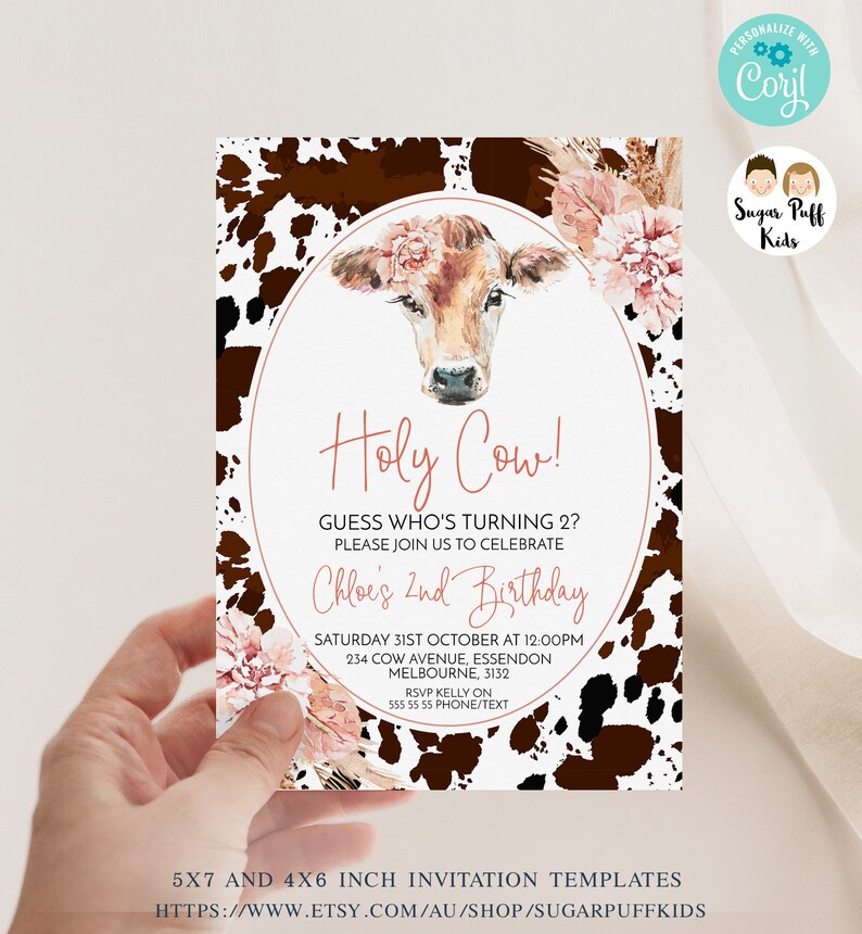 Printable Boho Holy Cow Birthday Invite Editable Girls Black - Etsy