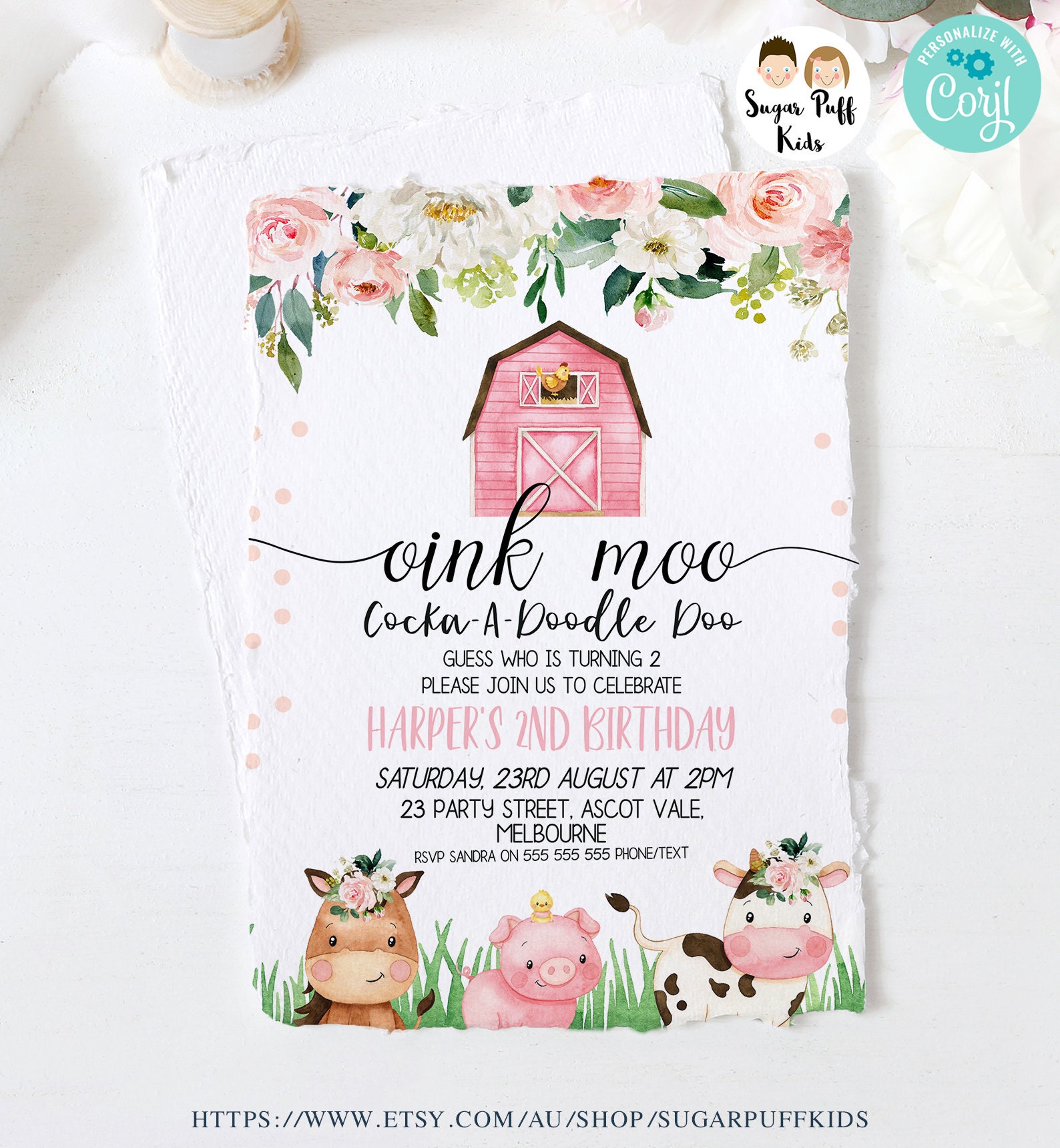 Printable Pink Farm Birthday Invitation Editable Farmyard - Etsy