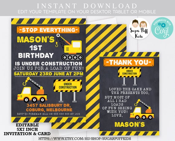 Editable under construction birthday Invitation and card, Printable ...