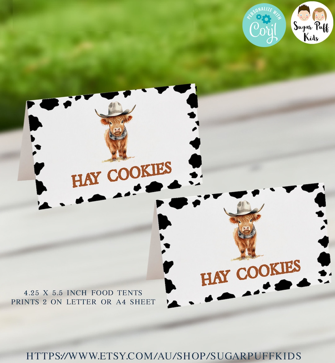 Editable Highland Cow Print Food Tent, Printable Cow Cowboy Hat ...