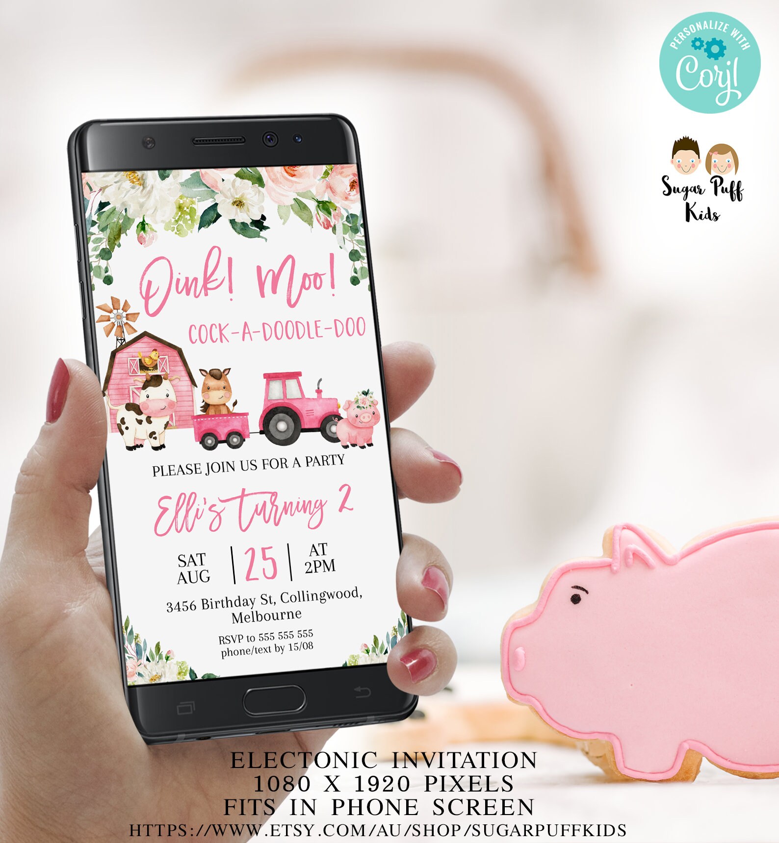 Editable Evite Pink Farm Invite Farmyard Barnyard Birthday - Etsy Australia